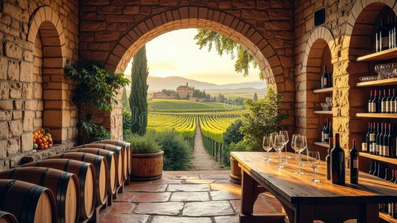 Scenic Vineyard View from Rustic Wine Cellar with Wine Barrels and ...