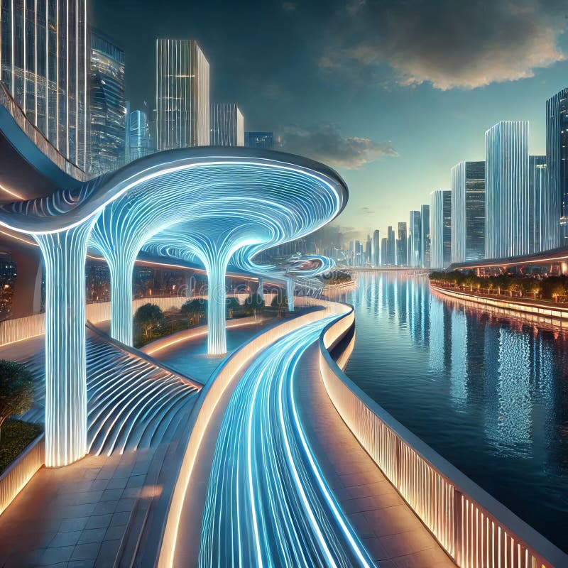 A Scenic Walkway Along a River of Light and Data Where Elegant Stock ...