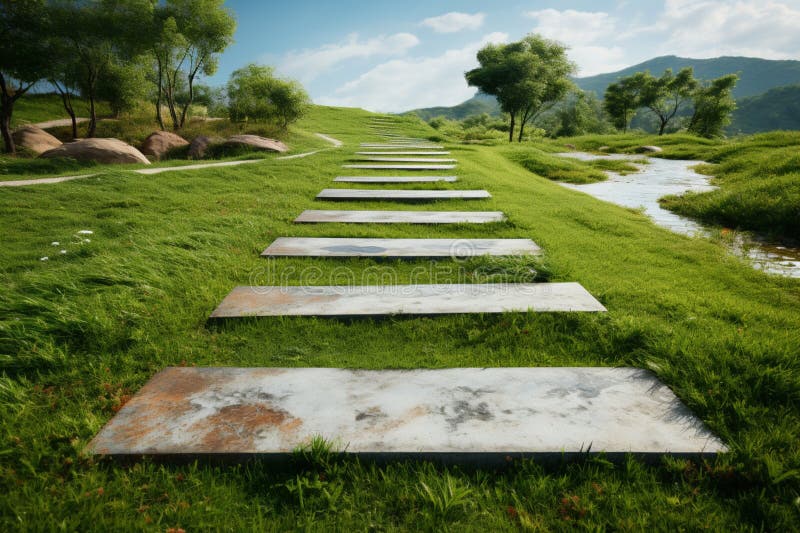 Scenic Walkway on Vibrant Green Grass, Creating a Peaceful Atmosphere ...
