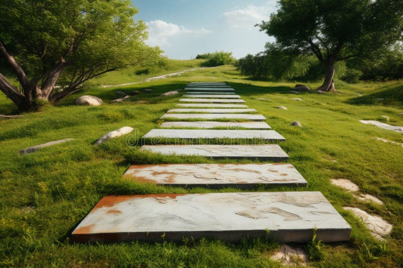 Scenic Walkway on Vibrant Green Grass, Creating a Peaceful Atmosphere ...