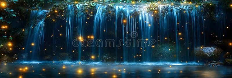 A Scenic Waterfall Illuminated with Fairy Lights in a Magical Forest at ...