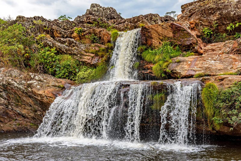 Scenic waterfall in summer stock image. Image of rock - 269214479