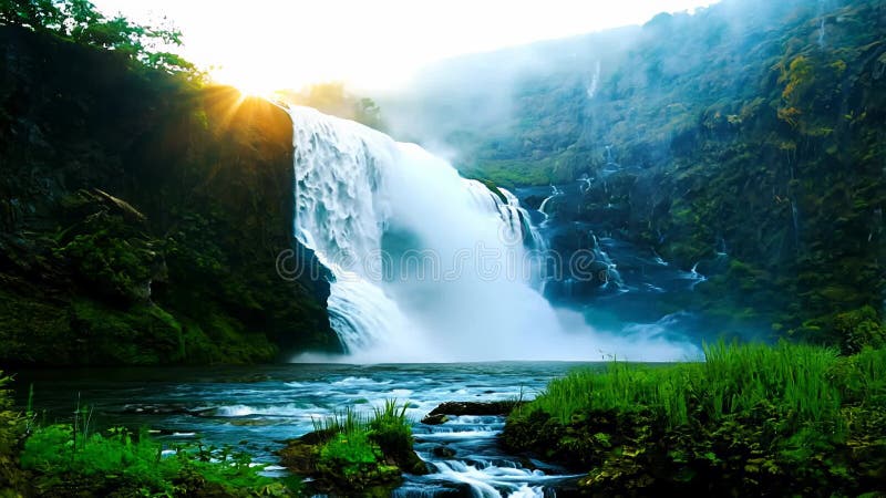 Scenic Waterfall at Sunrise with Lush Greenery and Misty Mountains in ...