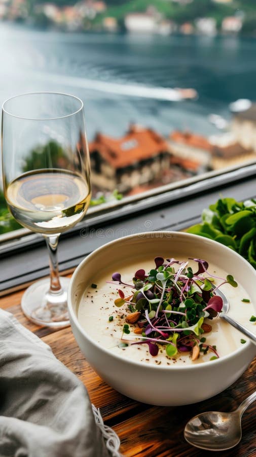 Scenic Waterfront Dining with Creamy Soup and Wine Overlooking Coastal ...