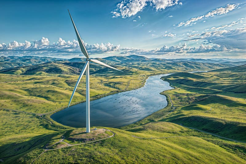 Scenic Wind Turbines Over Green Hills Stock Illustration - Illustration ...