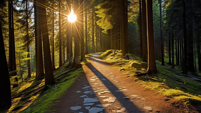 Scenic Winding Forest Path with Sunlight Filtering through Trees Top ...