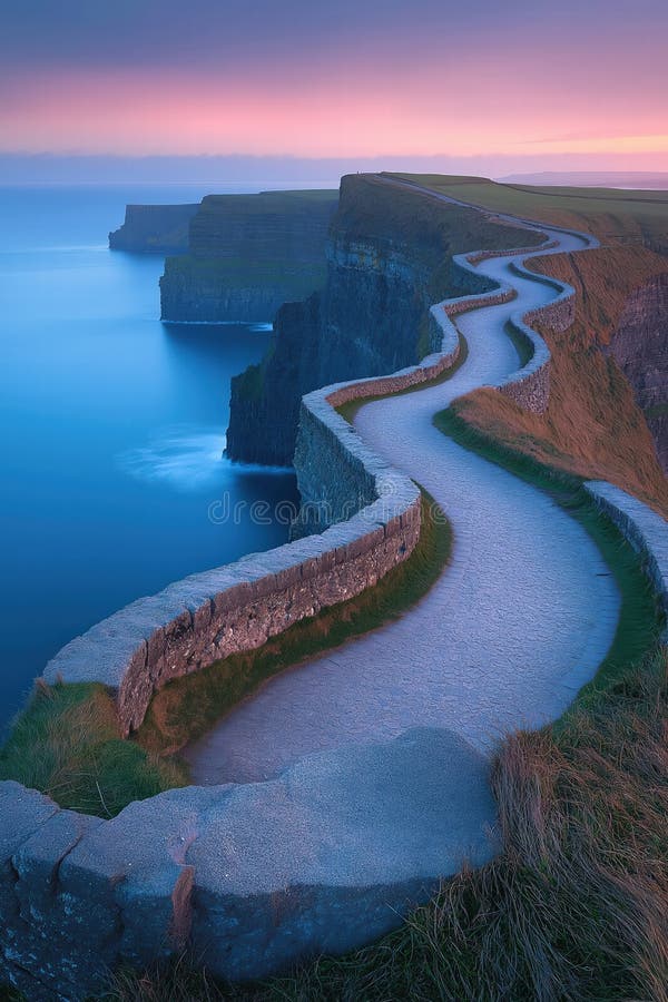 Scenic Winding Path Along Cliffs with Ocean View at Sunset Stock ...