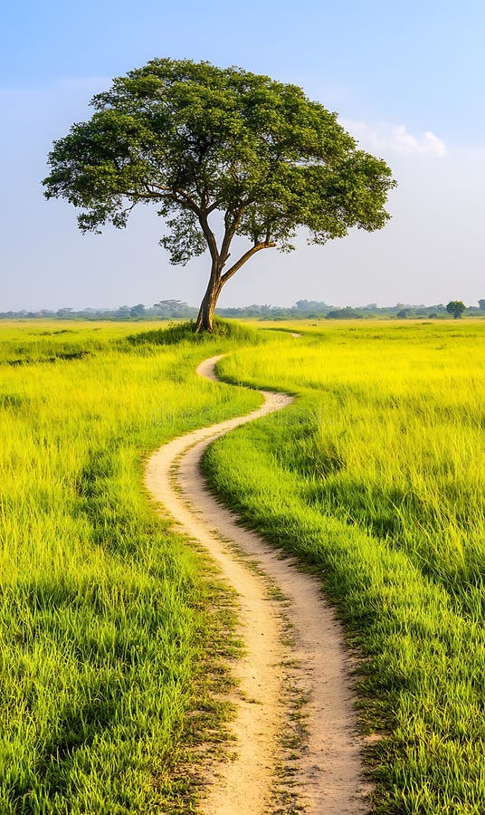 Scenic Winding Path through Yellow Field Under Sunny Sky Stock ...