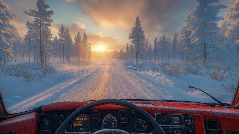 Scenic Winter Drive through Snowy Forest at Sunrise Stock Photo - Image ...