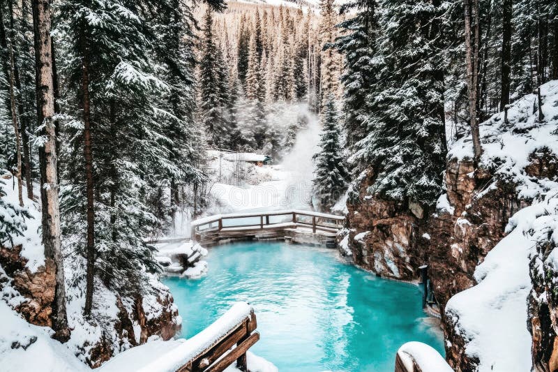 Scenic Winter Hot Spring in Snowy Forest with Bridge and Steaming ...