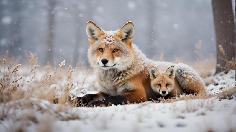 Scenic Winter Image Featuring Two Red Foxes in the Snow, Surrounded by ...