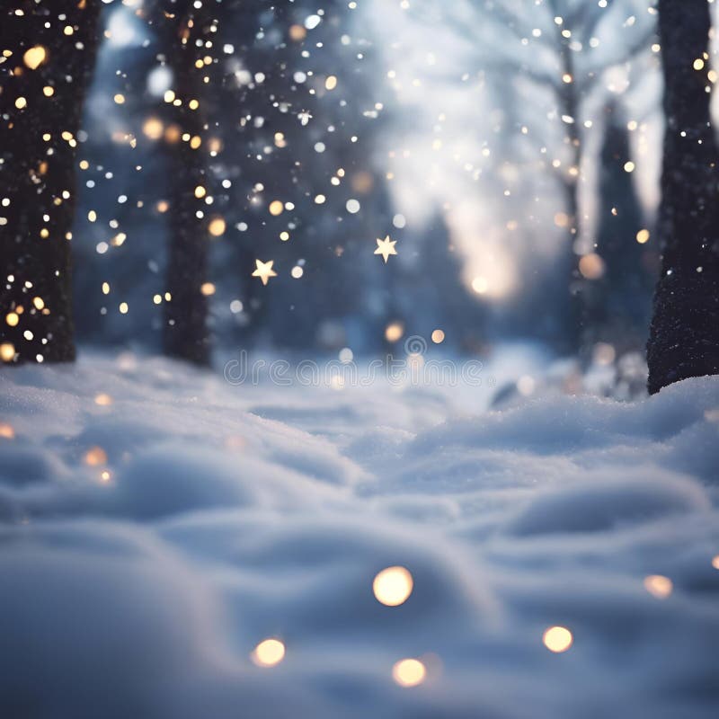 A Scenic Winter Landscape Featuring an Array of Trees Blanketed in Snow with Small Lights Stock ...