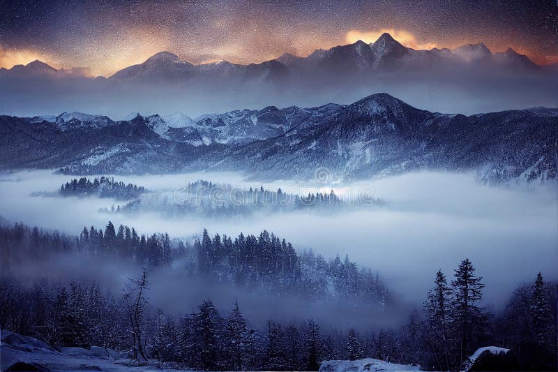 Scenic Winter Landscape of Night Sky Over Mountain Range. Stock ...