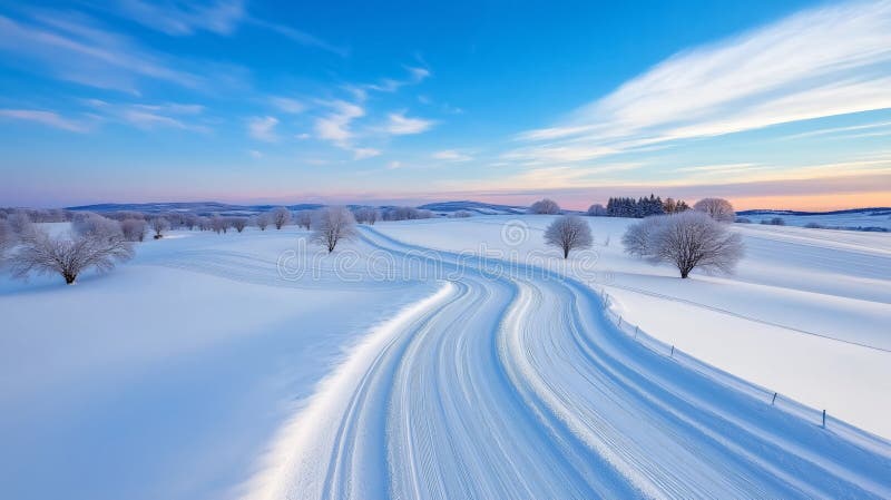 Scenic Winter Road through a Snowy Landscape Stock Illustration ...