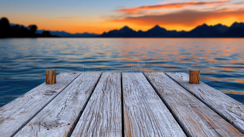 Scenic Wooden Dock Overlooking Tranquil Water at Sunset Stock ...