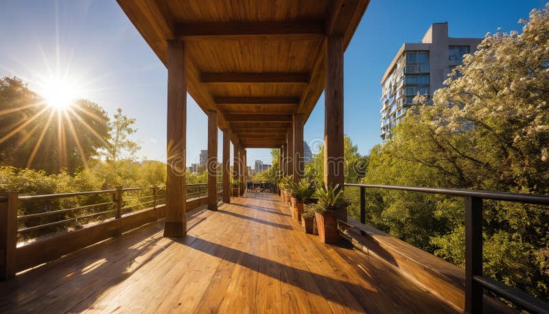 Scenic Wooden Walkway with Sunlit Greenery and Urban Backdrop Stock ... Scenic Wooden Walkway with Sunlit Greenery and Urban Backdrop Stock ...