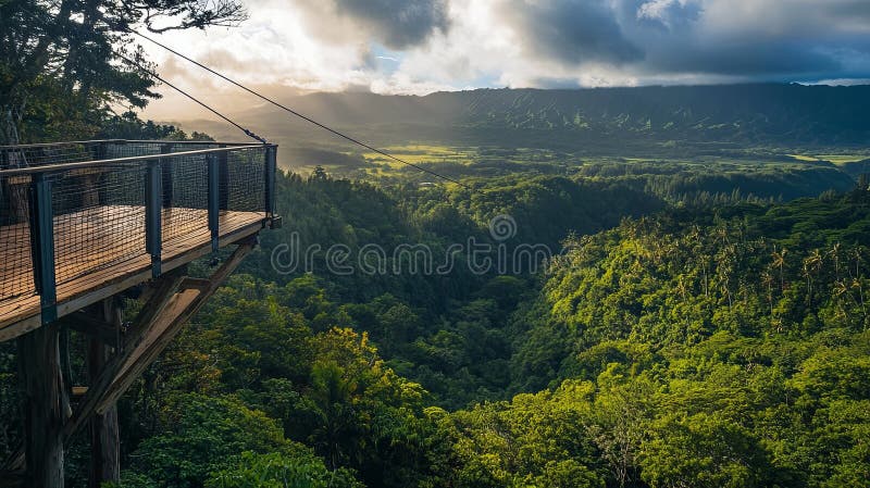 A Scenic Zipline Platform Overlooking a Dense Forest with a Valley ...