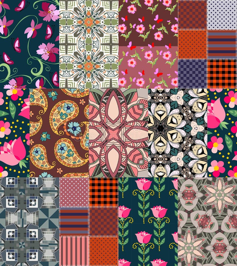 Schönes Patchworkmuster Mit Fliegeneinhorn, Blumensträuße Von ...