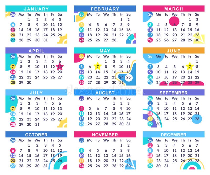Scheduling Calendar for 2019, Template Design, Set of 12 Months. Basis ...