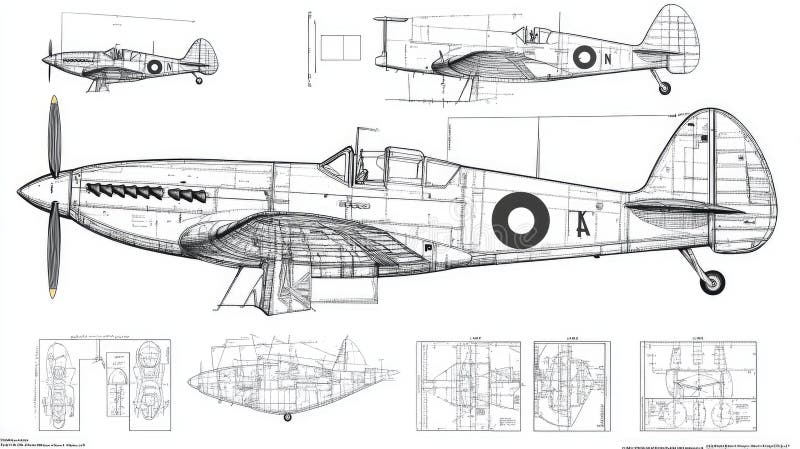 Schematic Detailing of the Spitfire Fighter Aircraft in Multiple Views ...