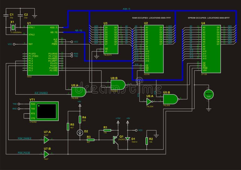 Vector Schematic Diagram of Electronic Device with Microcontroller, Ram ...