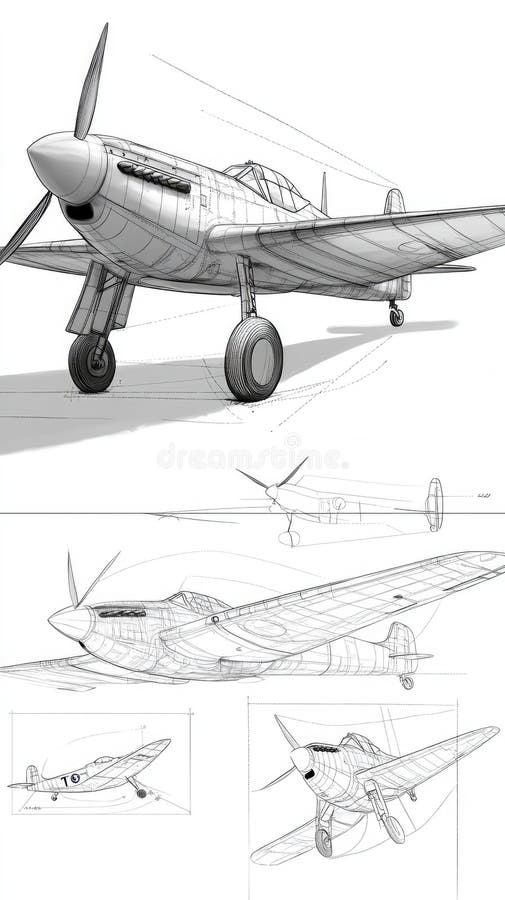 Schematic Drawing of a Spitfire Fighter Aircraft Showcasing Its Design ...