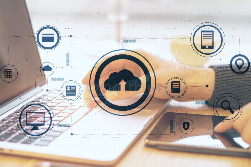 Schematic Structure of Cloud Storage with Technological Icons on ...