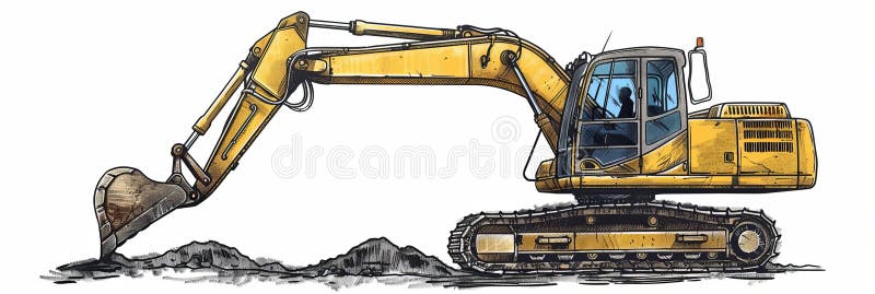 Schematic Technical Line Drawing of an Excavator with a Bucket on a ...