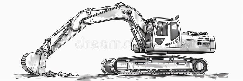 Schematic Technical Line Drawing of an Excavator with a Bucket on a ...