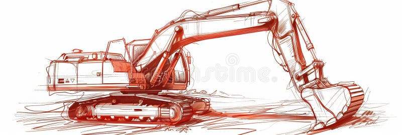 Schematic Technical Line Drawing of an Excavator with a Bucket on a ...
