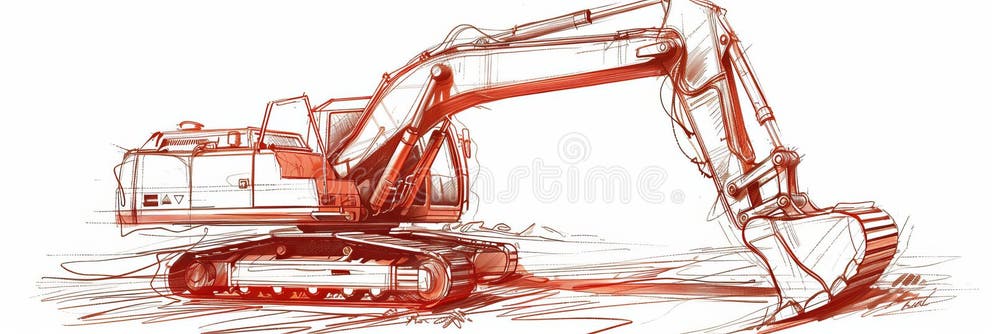 Schematic Technical Line Drawing of an Excavator with a Bucket on a ...