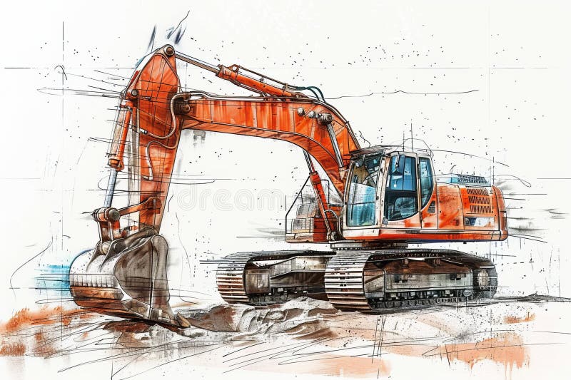 Schematic Technical Line Drawing of an Excavator with a Bucket on a ...