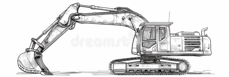 Schematic Technical Line Drawing of an Excavator with a Bucket on a ...