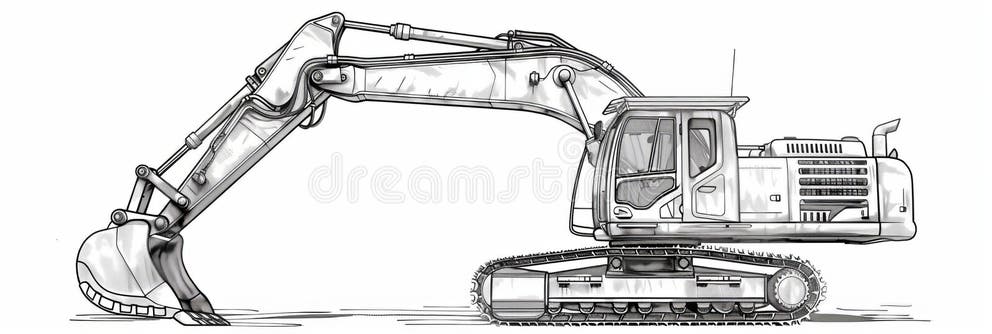 Schematic Technical Line Drawing of an Excavator with a Bucket on a ...