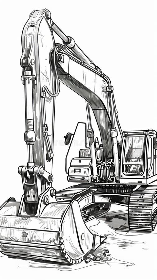 Schematic Technical Line Drawing of an Excavator with a Bucket on a ...