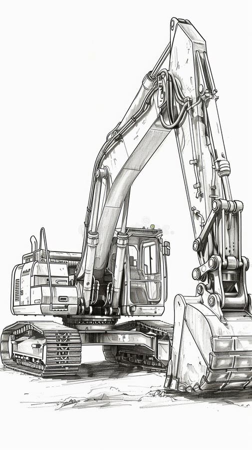 Schematic Technical Line Drawing of an Excavator with a Bucket on a ...