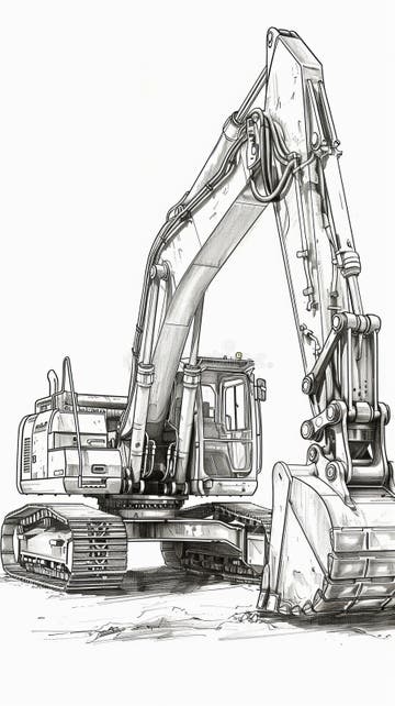 Schematic Technical Line Drawing of an Excavator with a Bucket on a ...