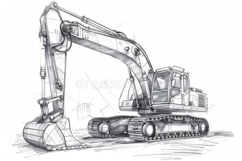 Schematic Technical Line Drawing of an Excavator with a Bucket on a ...