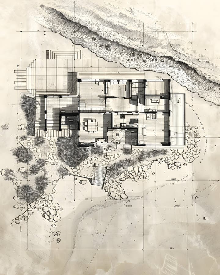 Schematic Urban House Drawing with River in Black and White Landscape ...