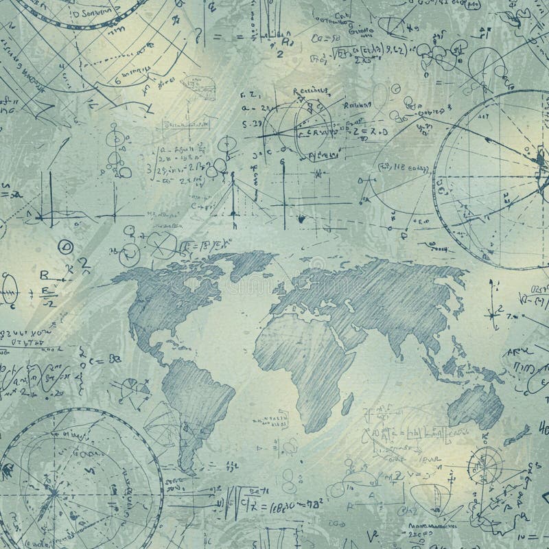 Schematic World Map Overlayed with Mathematical Sketches and Formulas ...