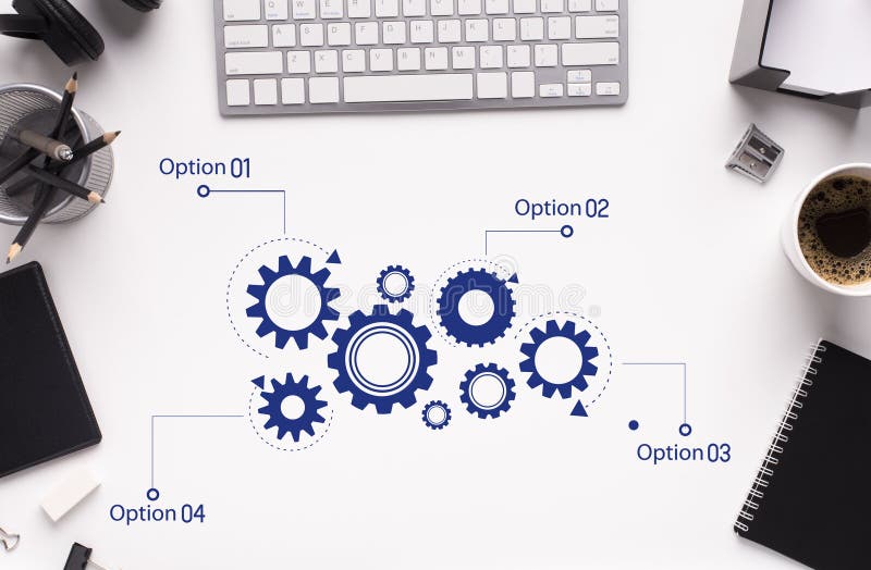 Scheme of Working Gears Mechanism Over White Office Table Background ...