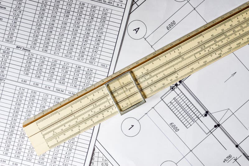Slide Rule with Diagrams and Drawing Tools on the Table Stock Photo ...