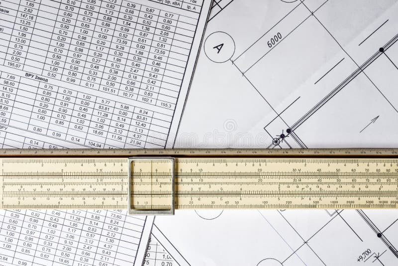Slide Rule with Diagrams and Drawing Tools on the Table Stock Image ...