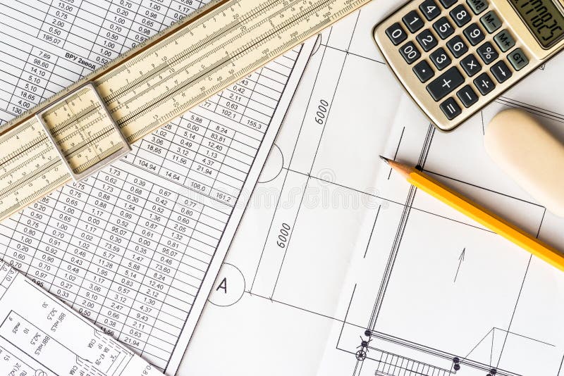 Schemes on the Table, Draw a Pencil, Draw a Ruler and Calculator Stock ...
