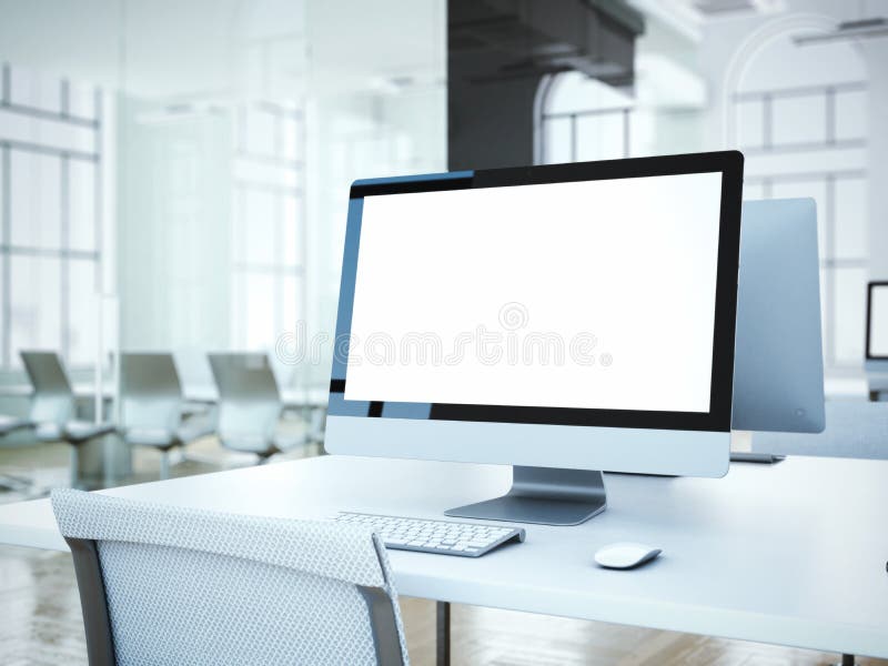 Schermo Di Computer in Bianco Con La Sedia Bianca Rappresentazione 3d ...