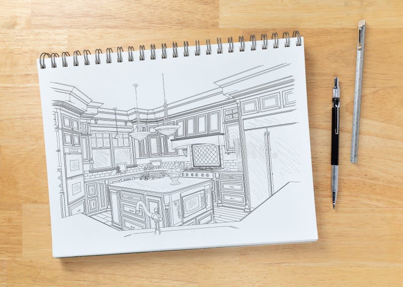 Schets Op Bureau Met Tekening Van Het Binnenland Van De Keuken Van De ... Schets Op Bureau Met Tekening Van Het Binnenland Van De Keuken Van De ...