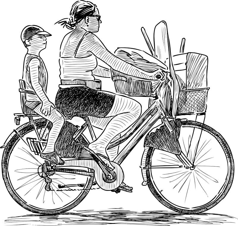 Schets Van Een Moeder Met Haar Zoon Die Een Fiets Berijden Vector ...