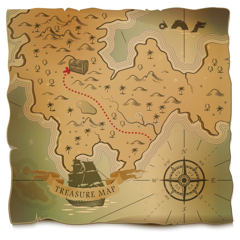 Schip of Boot En Schat Op Oude Kaart Vector Illustratie - Illustration ...