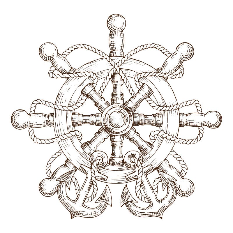 Schizzo Del Timone Nautico Con La Corda E Le Ancore Illustrazione ...