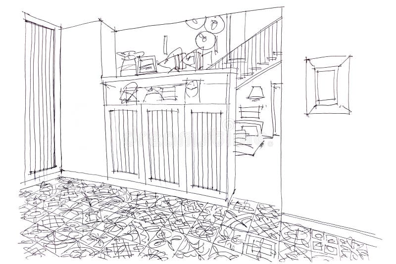Schizzo Grafico Di Interior Design Del Salone Con Mobilia Illustrazione ...